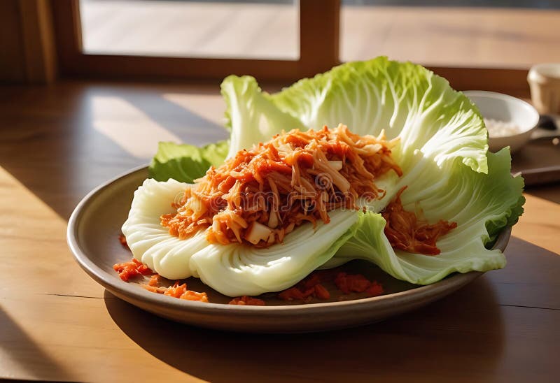 Exquisite Culinary Presentation of Fresh Cabbage and Kimchi on Rustic ...