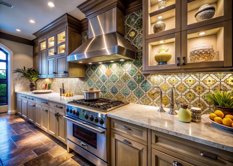 Exquisite Custom Kitchen Design Intricate Tile Backsplash Creates a ...