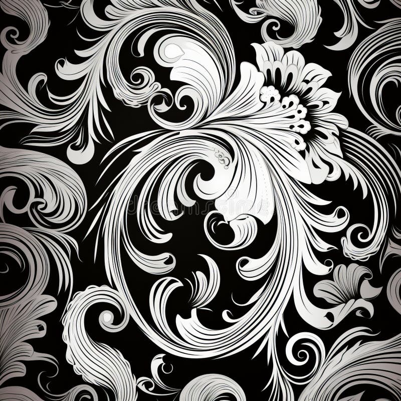 Exquisite Damask Pattern Vector with Bold Swirls on Black Background ...