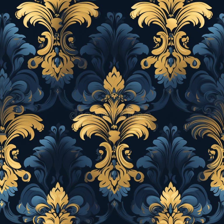 Exquisite Damask Seamless Pattern with a Combination of Deep Blue and ...