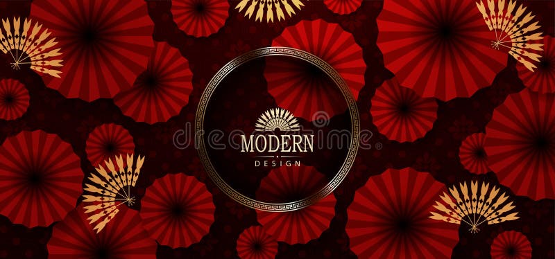 Exquisite Dark Red Card with Chinese Fan and Isolated Figured Frame ...