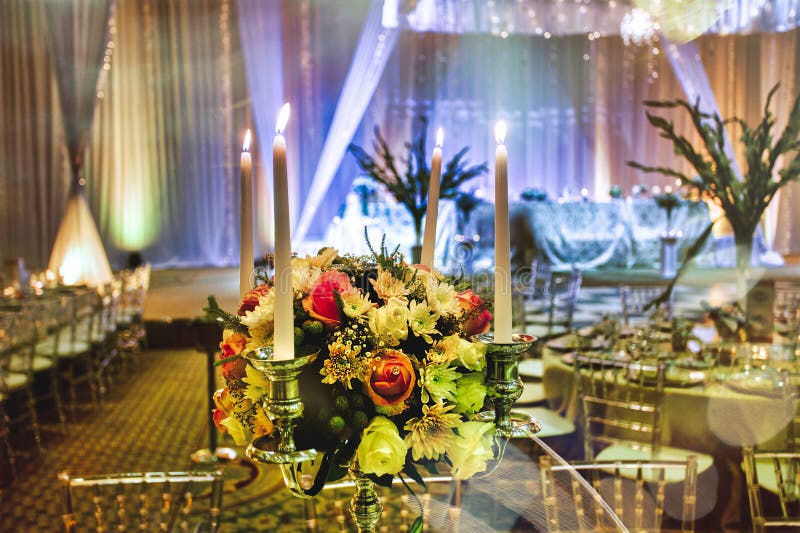 Exquisite Decorated Banquet Hall Dim Lit by Candles Stock Photo - Image ...