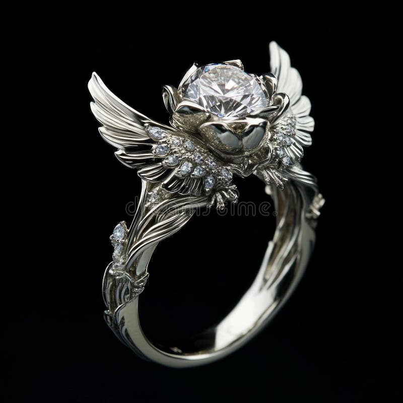 Exquisite Diamond Ring with Angelic Wings on Black Background Stock ...
