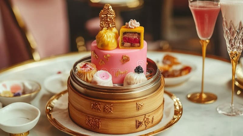 Elegant Dim Sum Presentation Stock Illustration - Illustration of pink ...