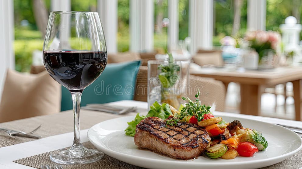 Exquisite Dining Setting Showcases a Perfectly Grilled Ribeye Steak and an Array of Fine Wine ...