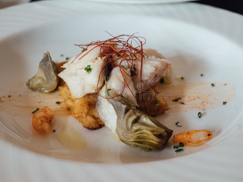 Exquisite Dish with Fish and Prawns in Luxury Restaurant Stock Image ...