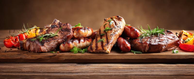 The Exquisite Display of Grilled Meats on a Rustic Wooden Platter..AI ...