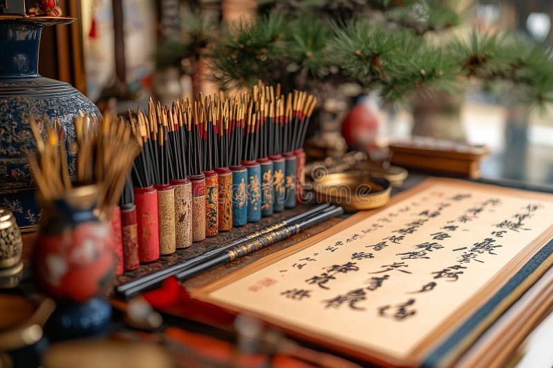 An Exquisite Display of Traditional Calligraphy Tools and Artistry in a ...