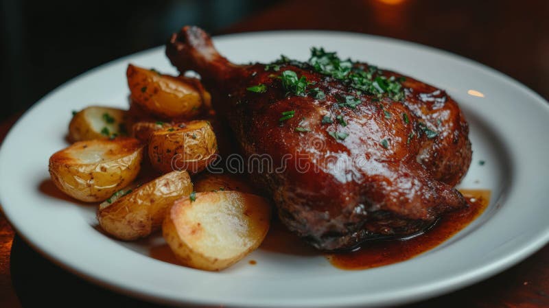 Exquisite Duck Confit Leg with Roasted Potatoes on Elegant White Plate ...