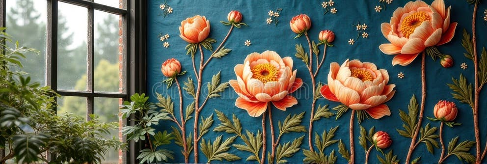 Exquisite Embroidered Peonies on Blue Fabric with Window View and ...