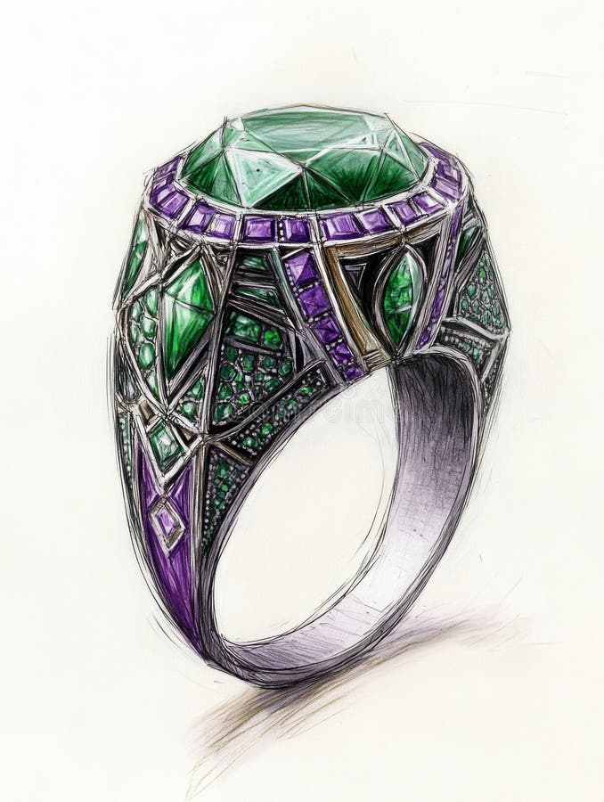 Exquisite Emerald and Purple Gemstone Ring Design with Intricate ...
