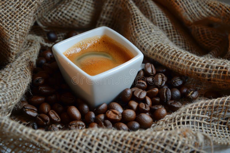 Exquisite Espresso Presentation with Coffee Beans in Rustic Burlap Bag ...