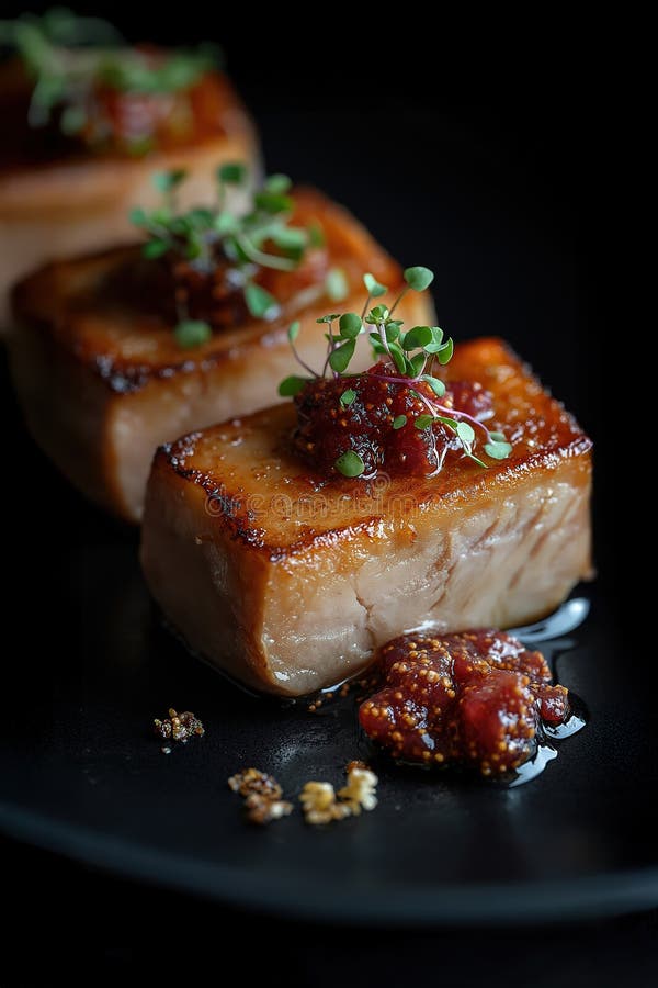 Exquisite Fish Appetizer with Fig Jam and Microgreens, Michelin Star ...