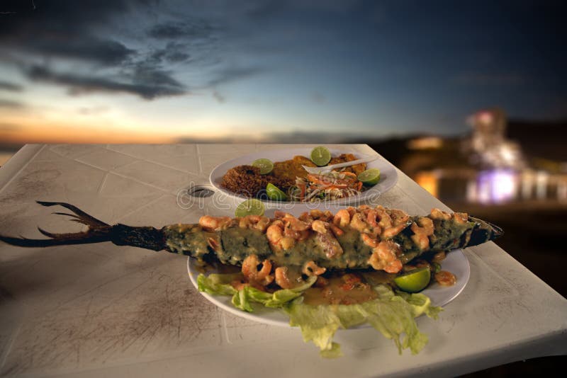 Exquisite Fish Dish with Shrimp and Accompaniment Stock Photo - Image ...