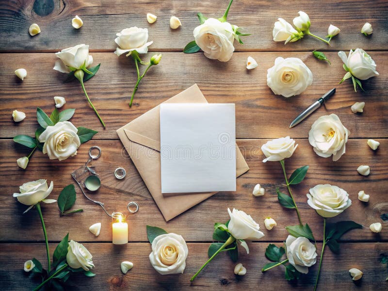 A Chic Flat Lay Mockup Featuring Blank Cards Delicate White Roses and ...