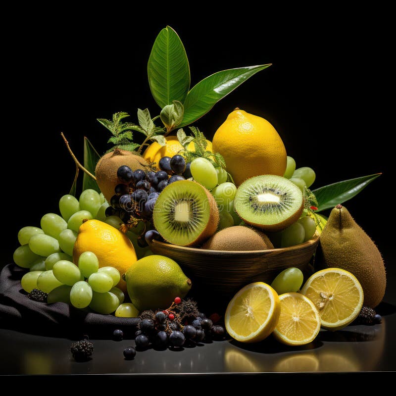 Exquisite Fruit Basket: Kiwi, Grape, Orange, and Lemon on a Dark ...