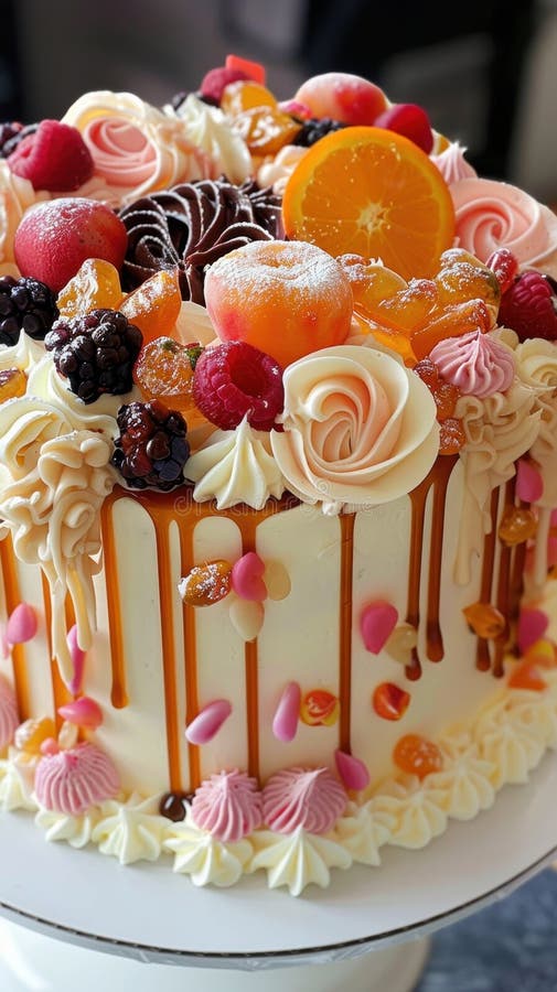 Exquisite Fruit-topped Drip Cake with Whipped Cream Rosettes and ...