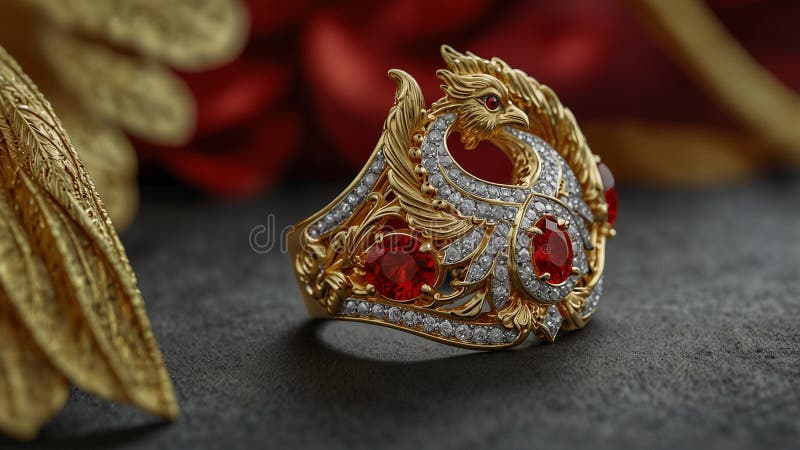 Exquisite Gold and Ruby Phoenix Ring with Diamonds Stock Illustration ...