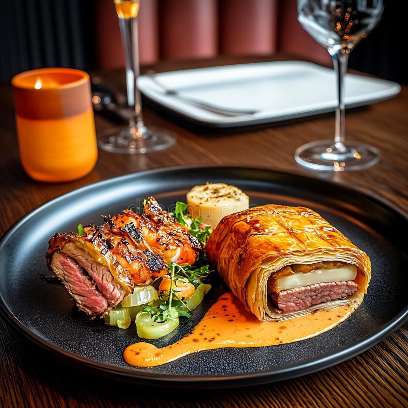 Exquisite Gourmet Beef and Seafood Dish in Upscale Restaurant Setting ...