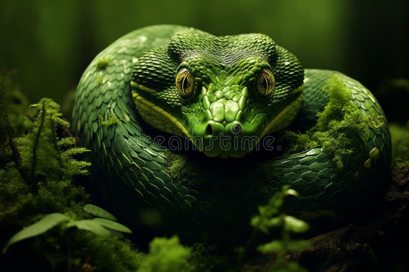Exquisite Green Serpent Coiled Gracefully on a Verdant and Luxuriant ...