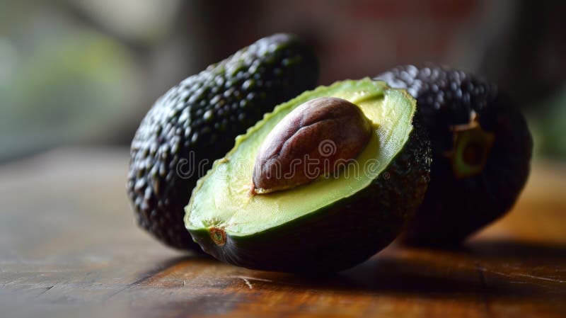 An Exquisite Halved Avocado on a Wooden Table Stock Photo - Image of ...