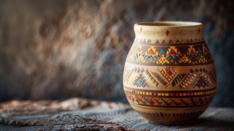 Exquisite Handcrafted Tribal Pattern Ceramic Pot on Rustic Background ...