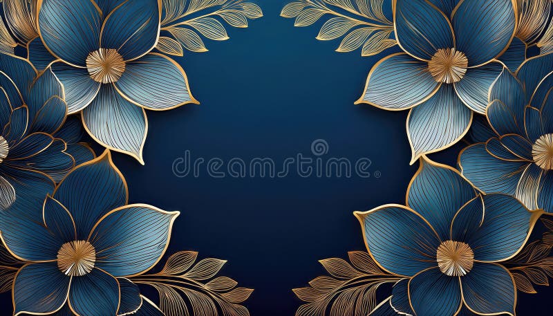 Exquisite HandDrawn Gold Flower Pattern on an Opulent Blue Backdrop ...