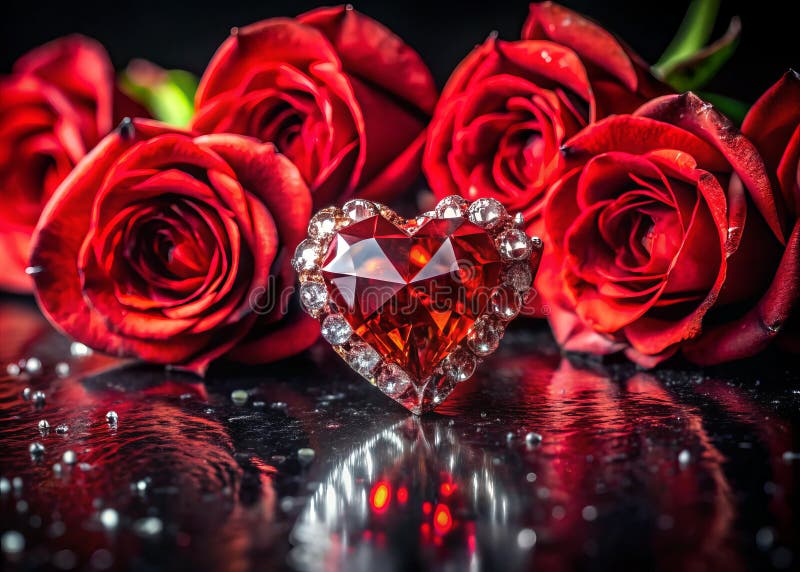 Exquisite HeartShaped Ruby and Red Roses Sparkling in Water Drops a ...