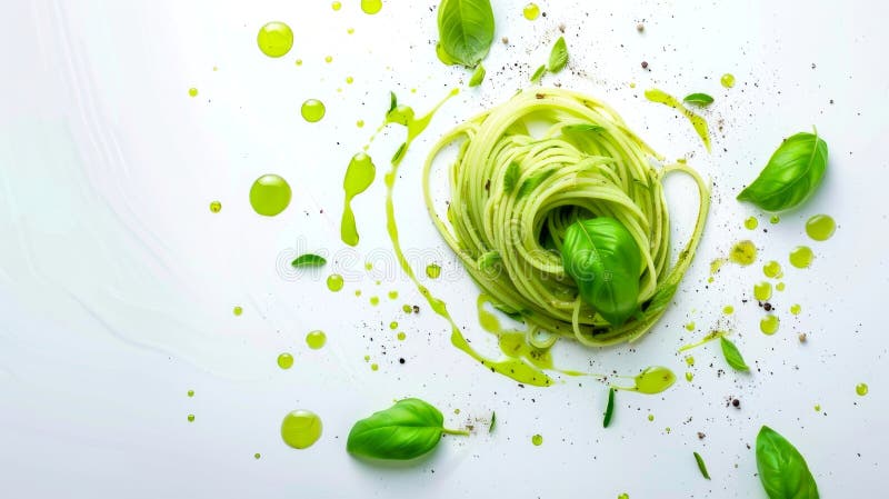A Vibrant Plate of Pasta is Artistically Arranged with Fresh Basil ...