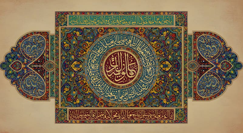 Ornate Islamic Calligraphy Artwork with Vibrant Floral Patterns Stock ...