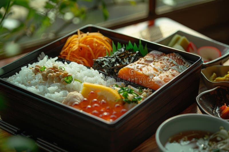 Exquisite Japanese Bento Box Containing Different Types of Food Stock ...