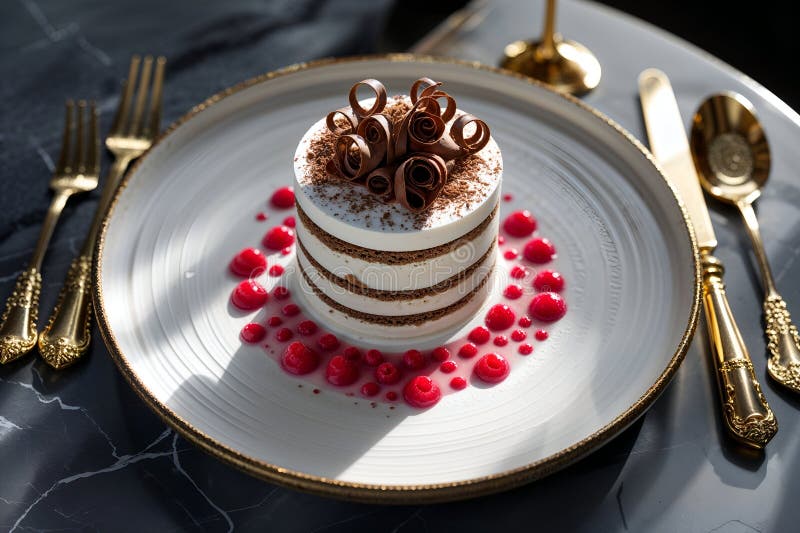 Exquisite Layered Cake with Chocolate Curls and Raspberry Dots on a ...