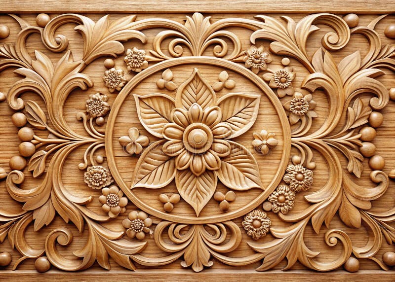 Exquisite Light Oak Wood Panel with Symmetrical Classical Floral ...
