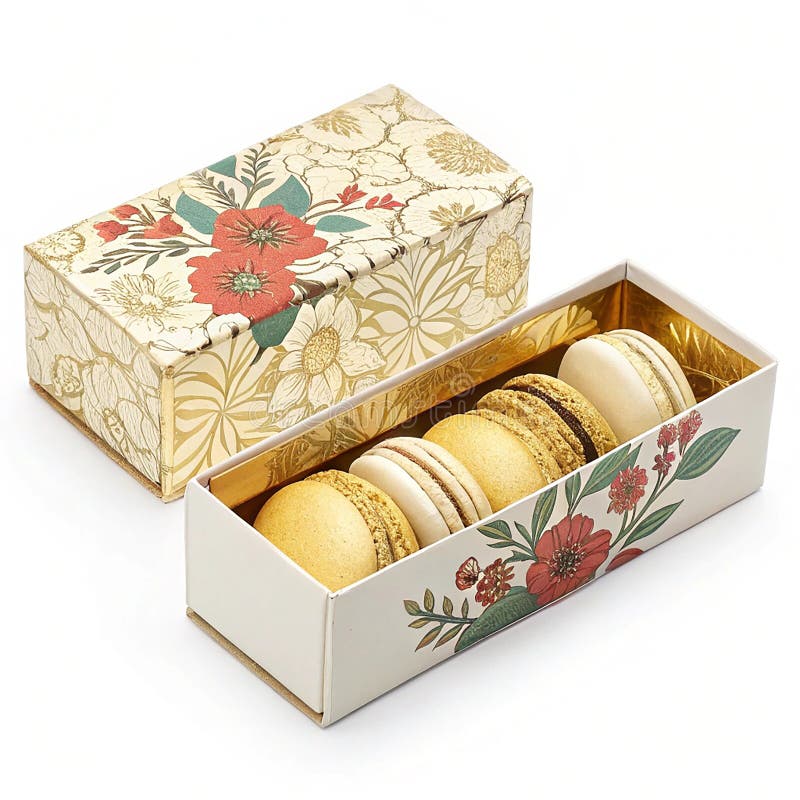 Gold Foil Wrapped Luxury Macaron Box with a Floral Pattern Stock ...