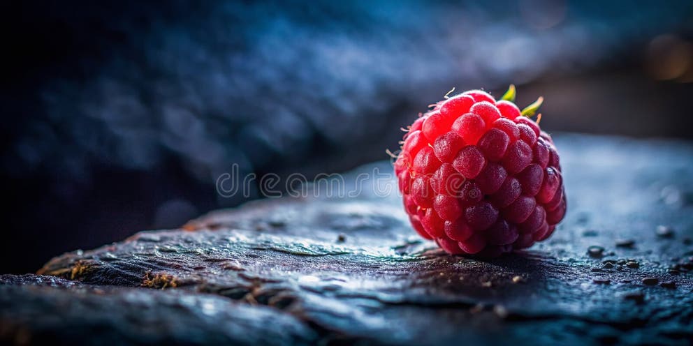 Captivating Closeup of a Single Raspberry on Stone at Night a ...