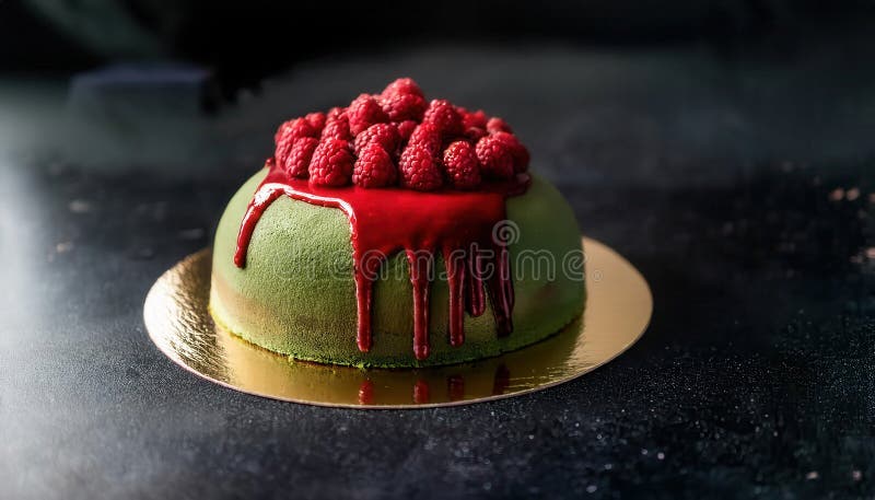 Exquisite Matcha Raspberry Dome Cake Presented in an Elegant Setting ...
