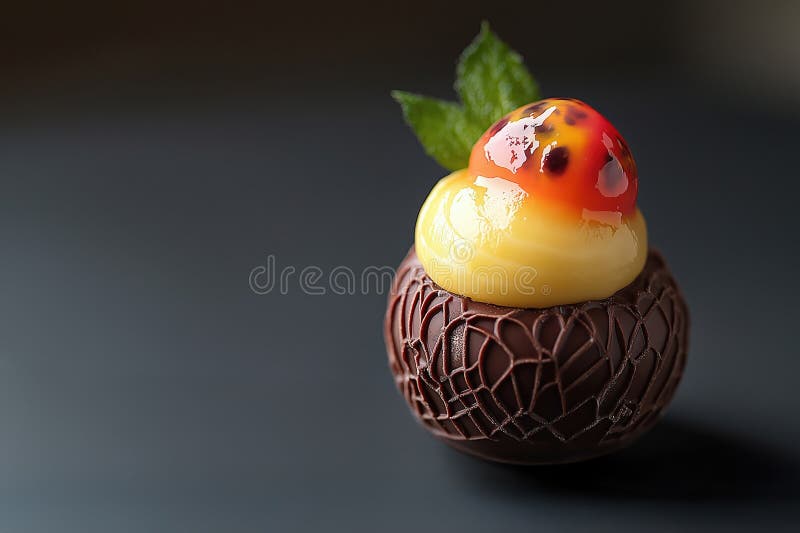 Gourmet Chocolate Dessert Garnished with Passion Fruit and Mint Leaf ...