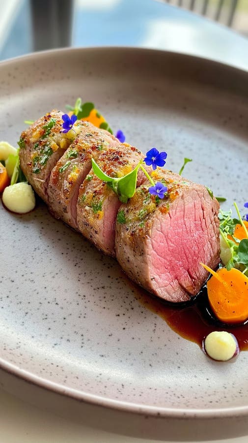 Exquisite Modern Dining with Gourmet Beef Meat Dish Presentation Stock ...