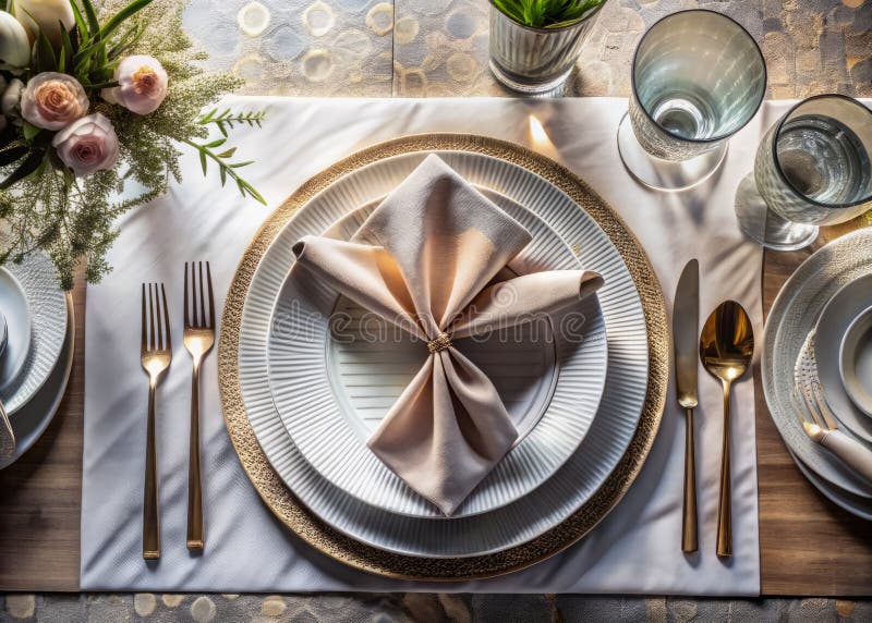 Exquisite Overhead Dining Table Setting Gourmet Meal Premium Tableware ...