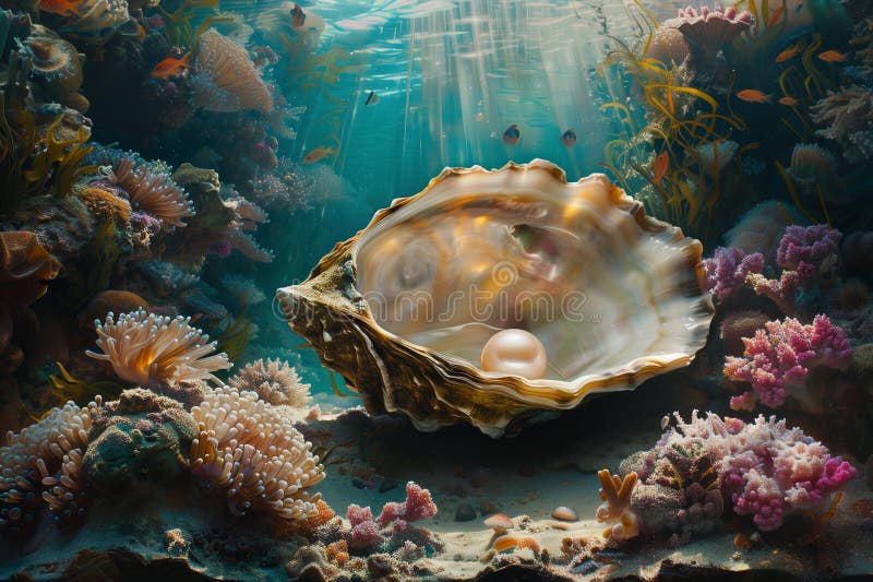 Exquisite Pearl in a Shell on a Vibrant, Sunlit Underwater Coral Reef ...