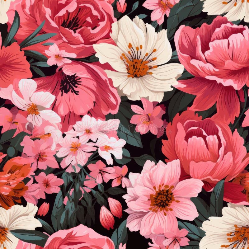 Exquisite Pink Floral Pattern on a Dark Background (tiled) Stock ...