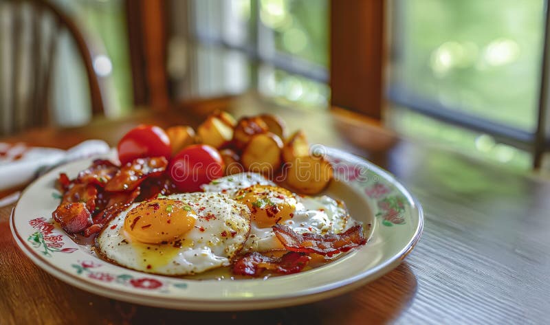 Exquisite Plate Featuring Perfectly Cooked Eggs, Juicy Tomatoes, Crispy ...