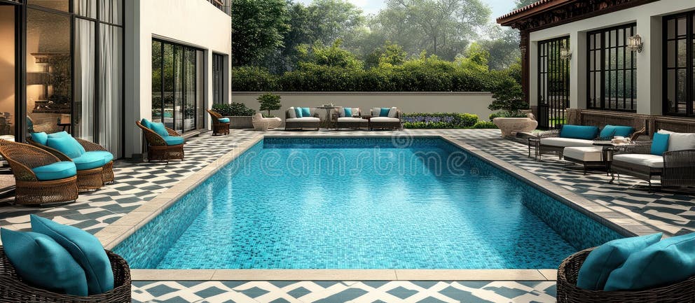 Exquisite Pool Area with Striking Design Elements: Symmetrical Lines ...