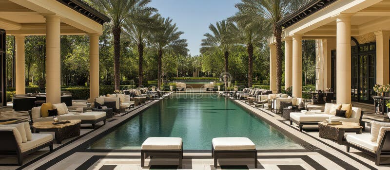 Exquisite Pool Area with Striking Design Elements: Symmetrical Lines ...