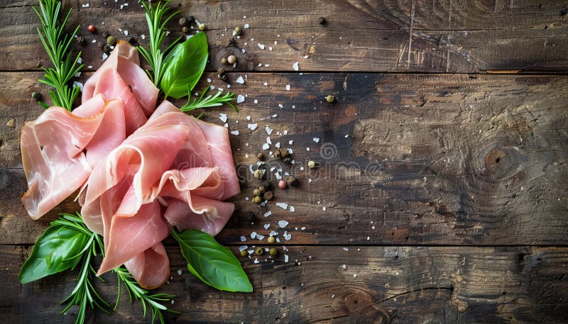 Exquisite Presentation of Cured Ham Slices on an Ancient Wooden Table ...