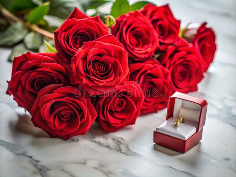 Exquisite Red Rose Bouquet with Engagement Ring on Marble a Symbol of ...