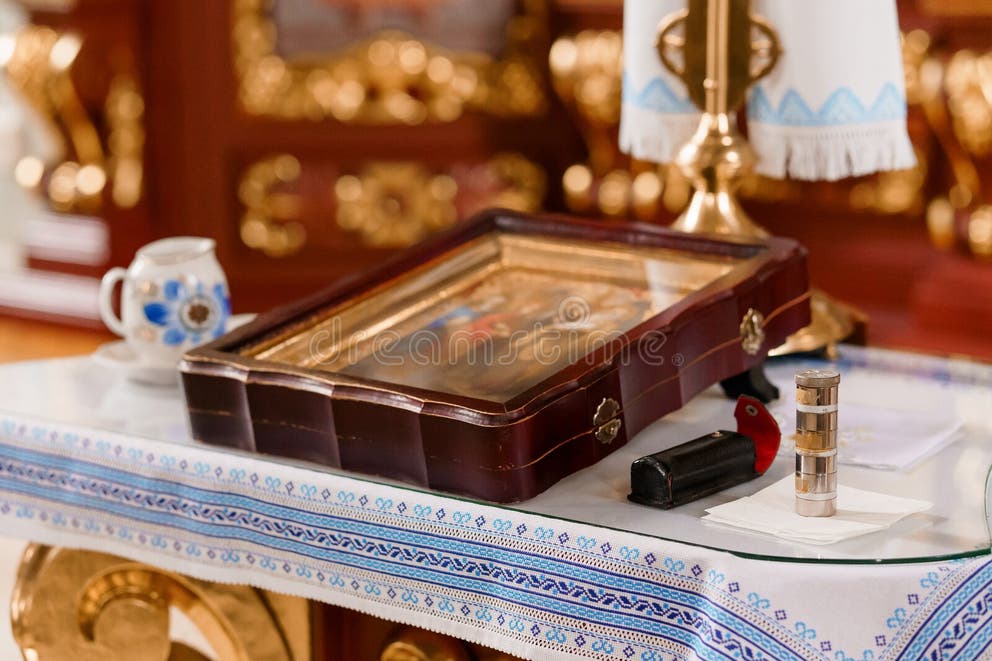 Exquisite Religious Artifacts on an Ornate Table Stock Photo - Image of ...