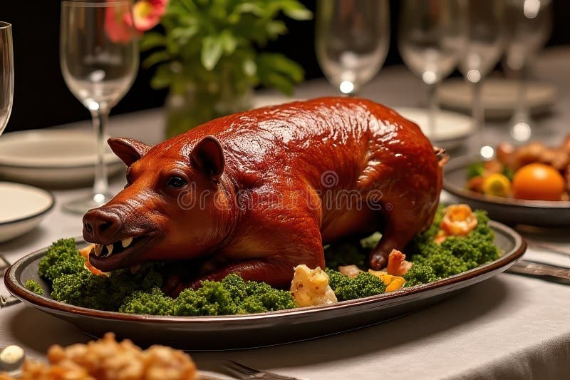 Exquisite Roasted Pig on a Table Setting Stock Illustration ...