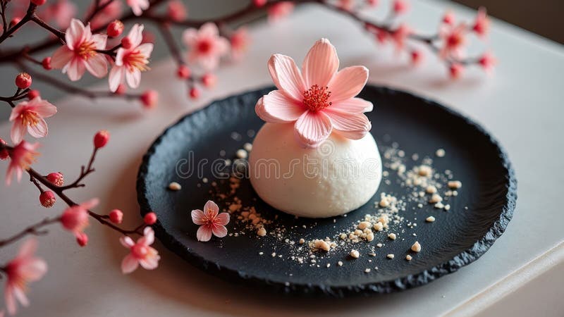 Exquisite Sakura Dessert Black Plate Cherry Blossom Decoration Stock ...