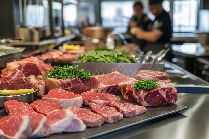 Exquisite Selection of Fresh Beef Cuts Showcased in a Gourmet Kitchen ...